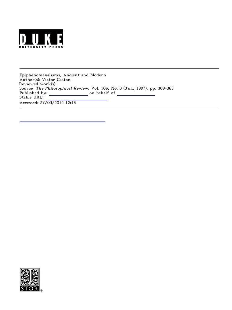 CASTON, Victor Epiphenomenalisms, Ancient and Modern | PDF | Cognitive ...