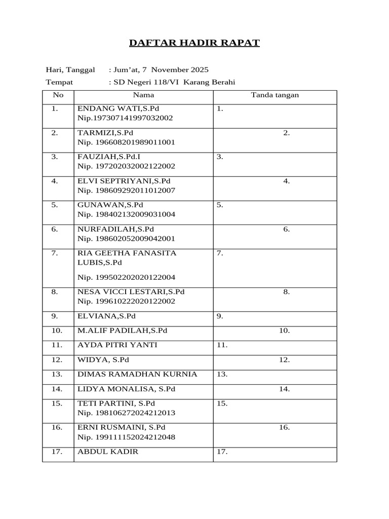 Template Daftar Hadir Pertemuan Rapat | PDF