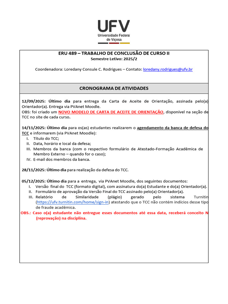 Cronograma TCC 2025/2 - ERU 489 | PDF