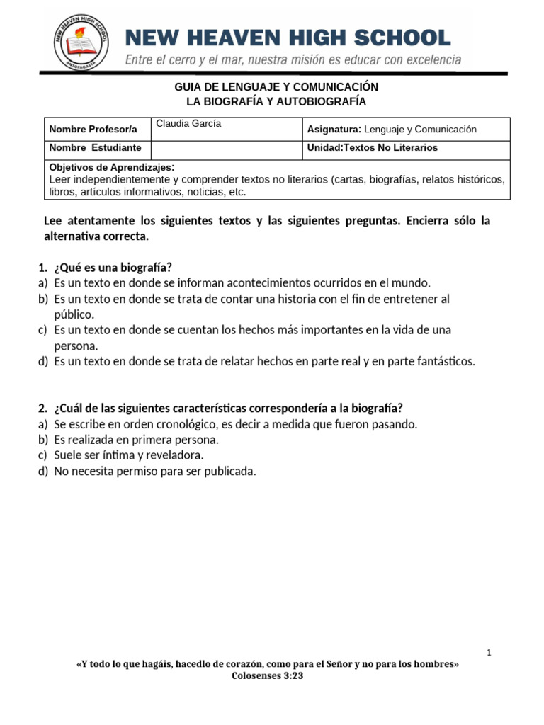 Biografía y Autobiografía: Guía Educativa | PDF | Biografía ...