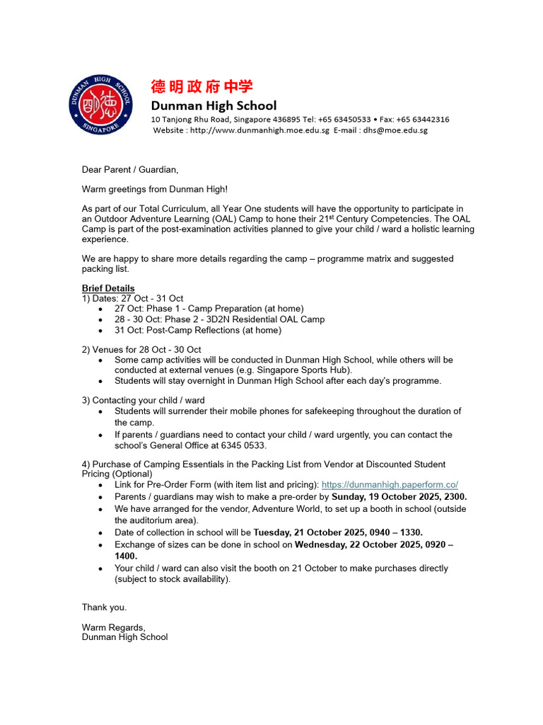 Y1 OALC 2025 - Information Sheet For Parents - Caa 6 Oct 2025 | PDF ...