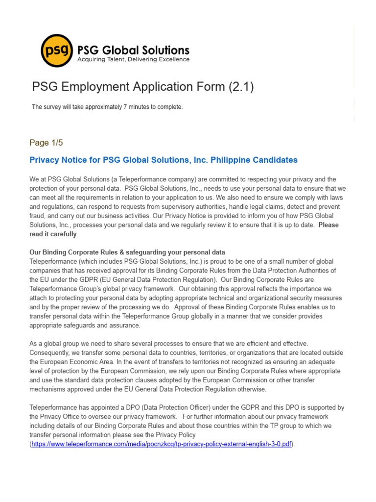 PSG Employment Application Form (2.1) | PDF | Information Privacy | Employment