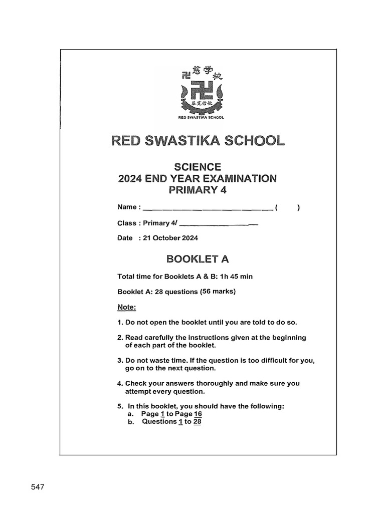 P4 Science EOY 2024 RedSwastika Exam Papers | PDF