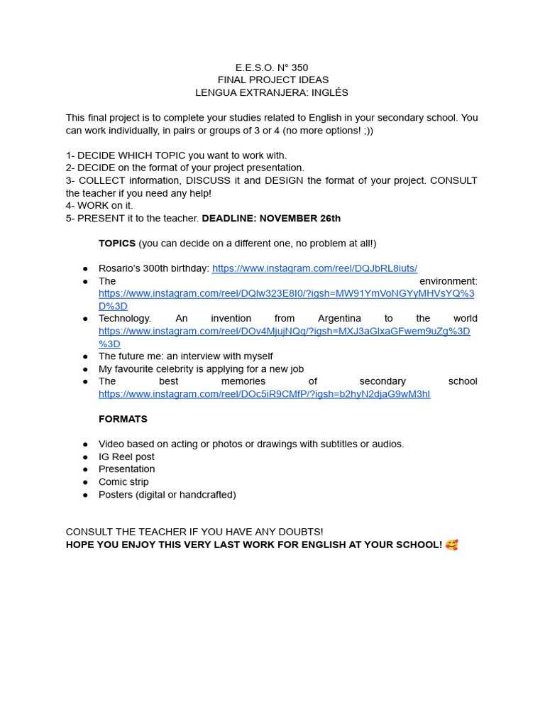 Final Project Ideas for English Class | PDF