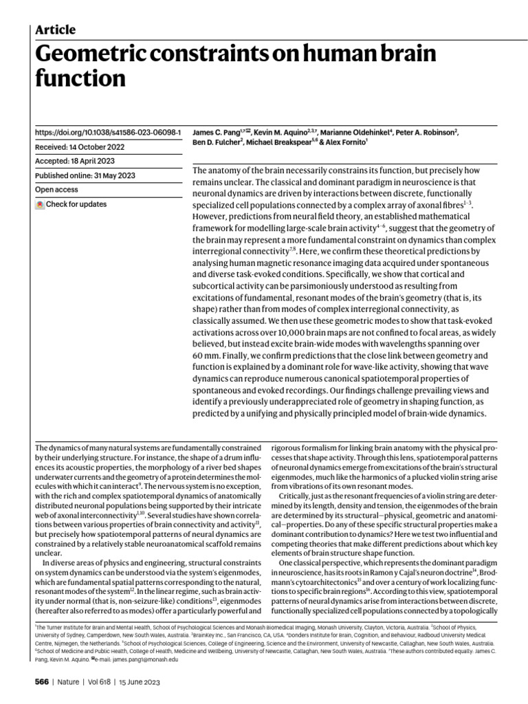 Geometric Constraints On Human Brain Function: Article | PDF | Normal ...