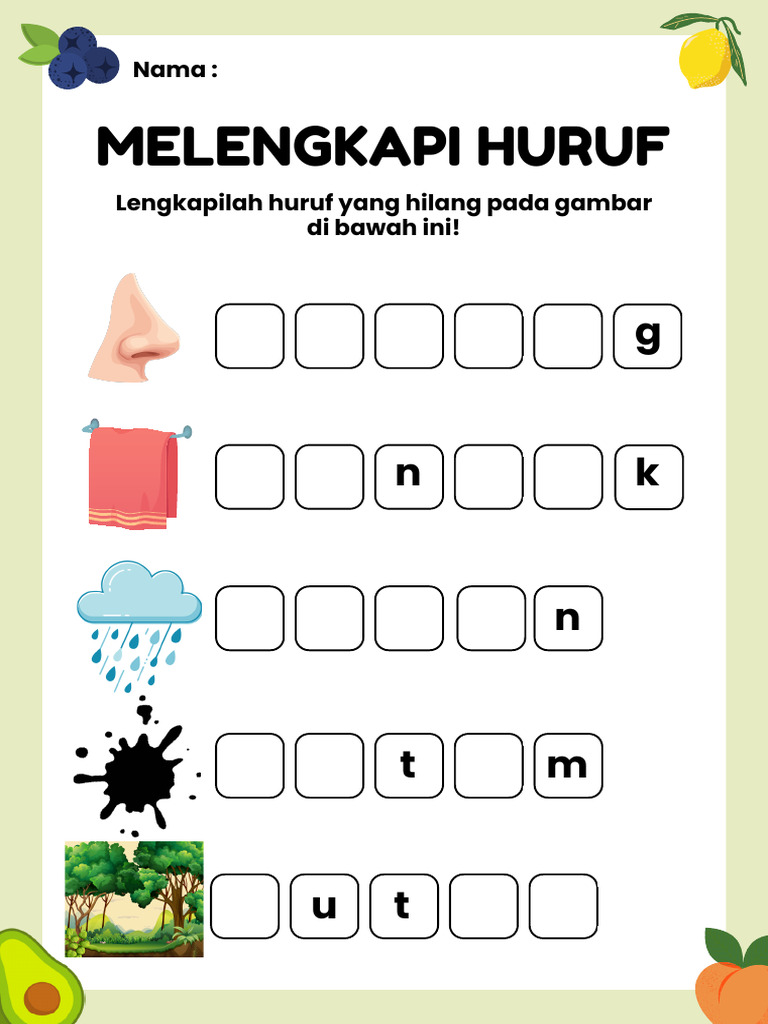 Lembar Kerja Belajar Melengkapi Huruf Hijau Ilustrasi | PDF