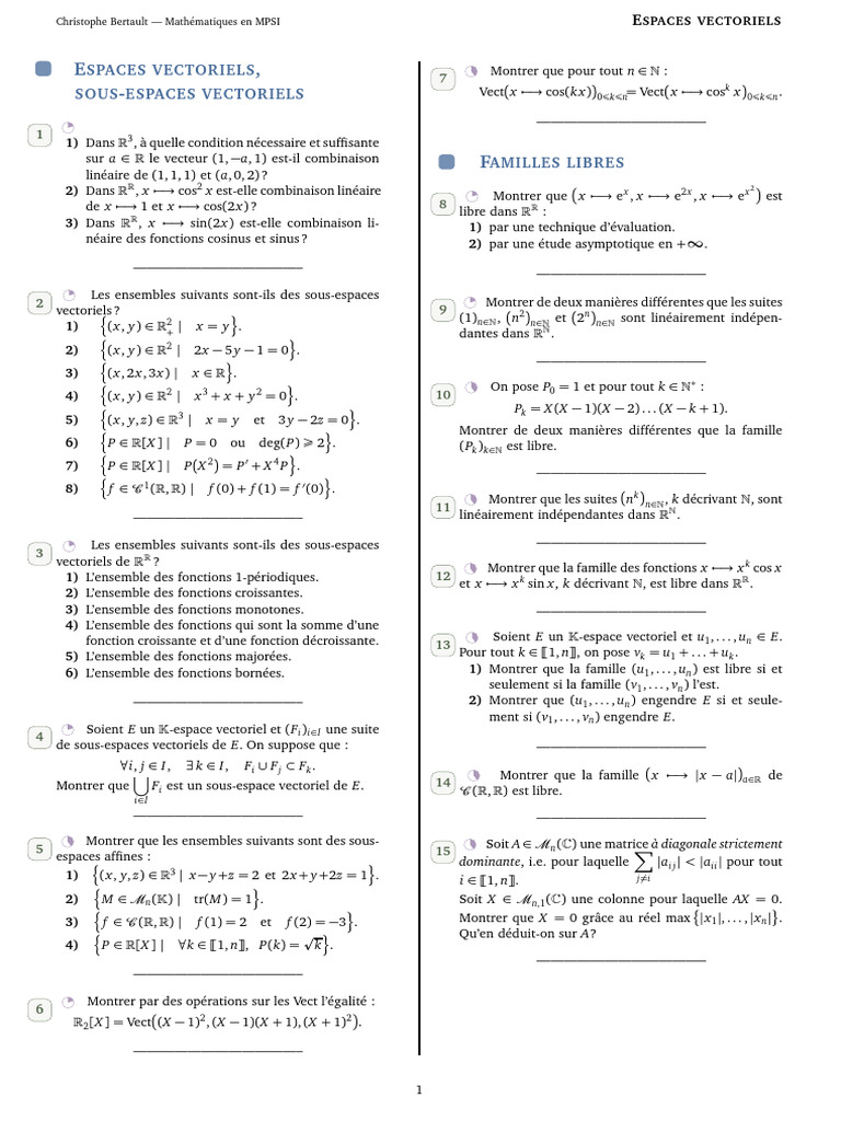 Espaces Vectoriels en Mathématiques MPSI | PDF | Espace vectoriel ...