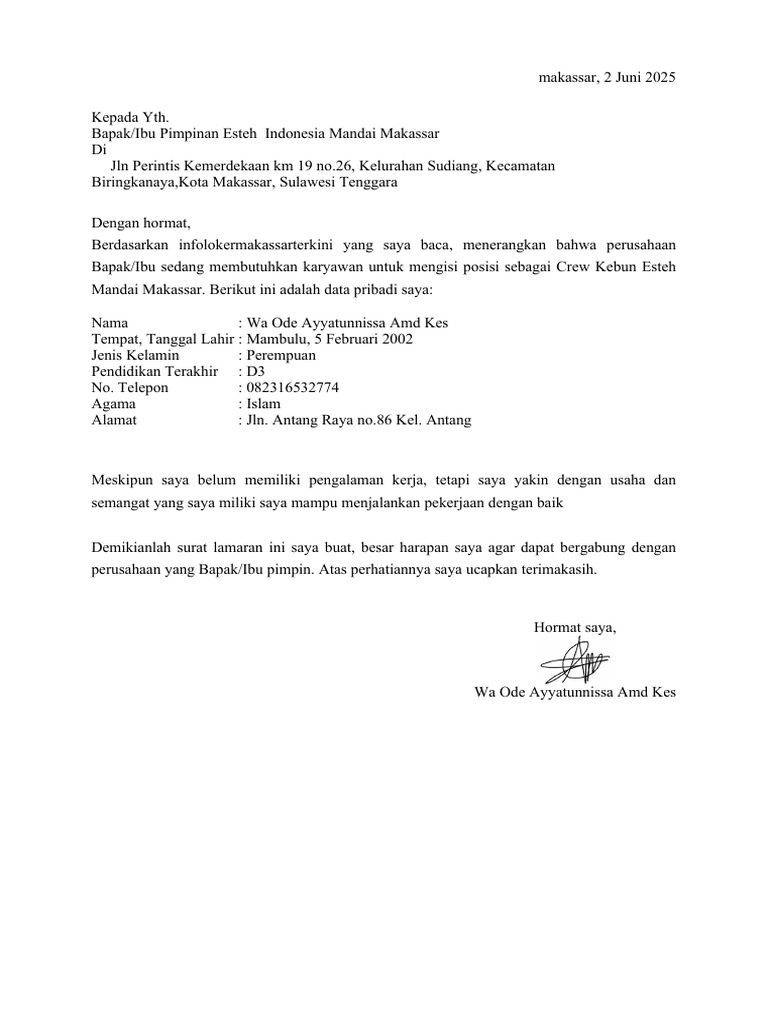 Lamaran Kerja Crew Kebun Esteh Makassar | PDF