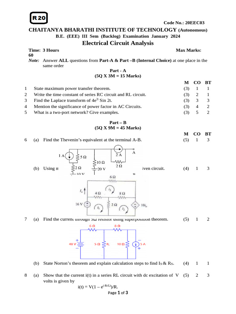 Electrical Circuit Analysis 20EEC03 | PDF | Analog Circuits ...