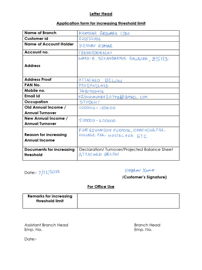Application for Threshold Limit Increase | PDF