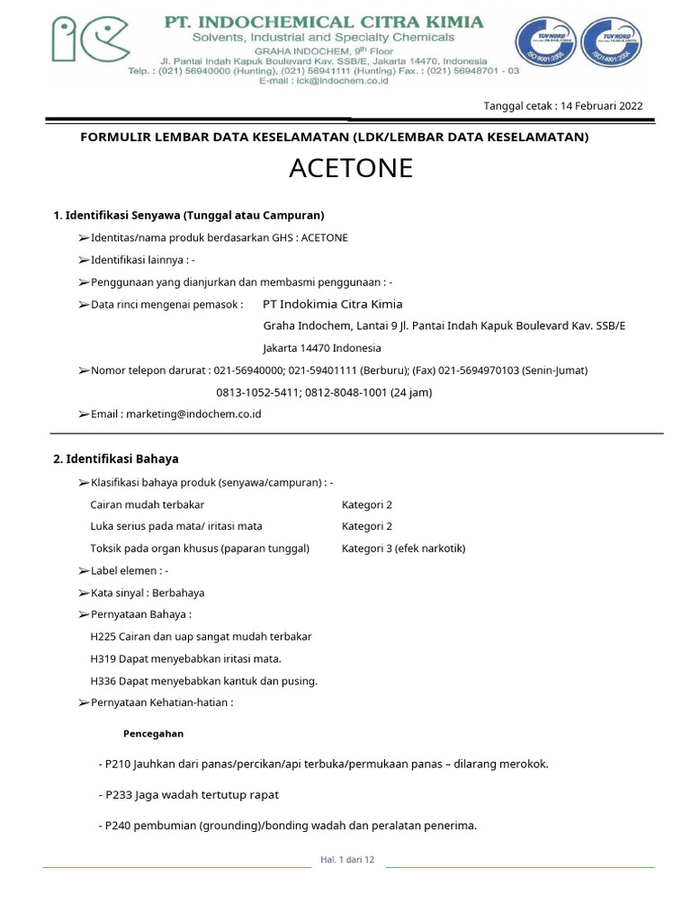 Msds_acetone Ind (2022).en.id | PDF