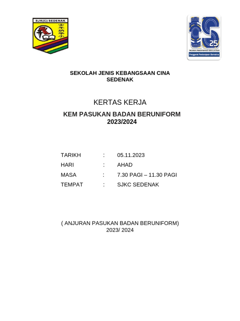 Kertas Kerja Kem Pasukan Badan Berunifrom SJKC Sedenak Tahun 2023 | PDF