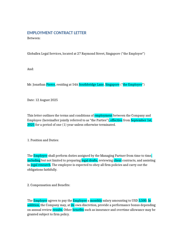 Employment Contract for Legal Services | PDF