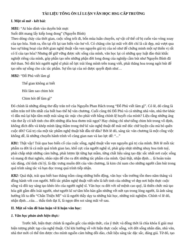 TỔNG HỢP LLVH HSG CẤP TRƯỜNG | PDF