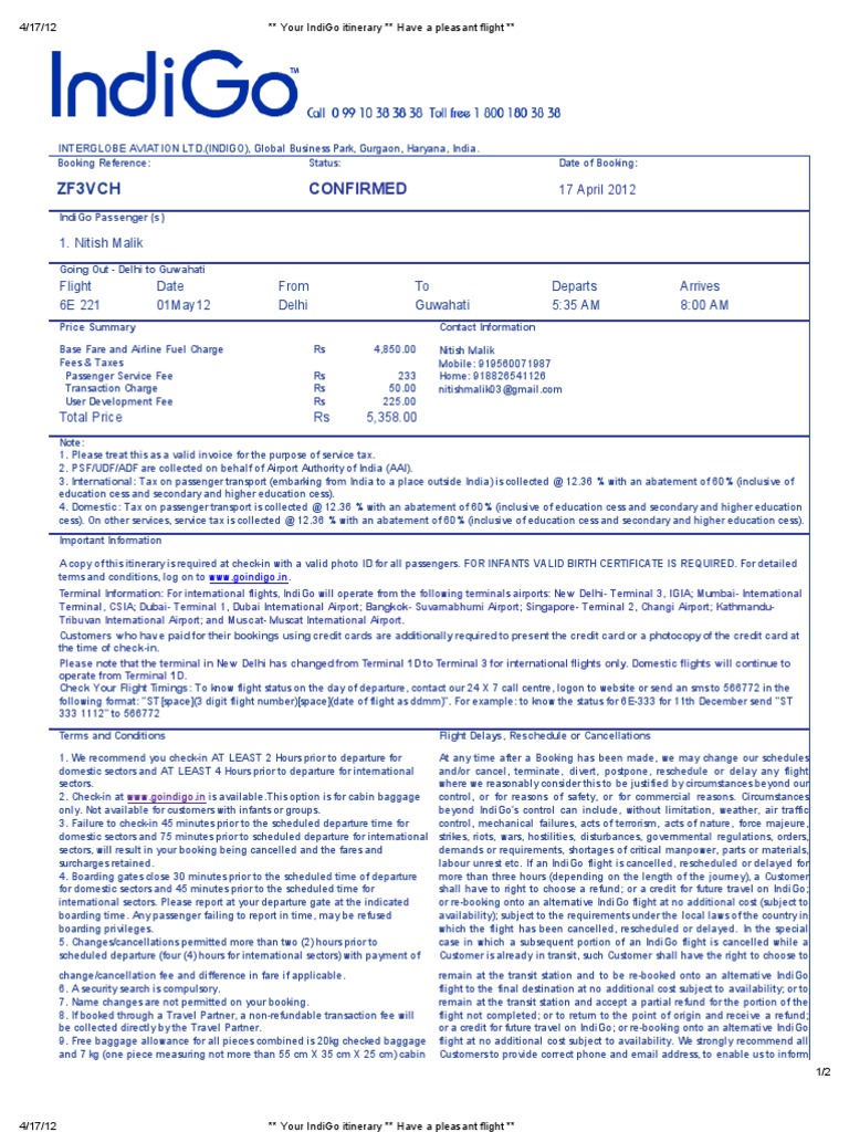 Your IndiGo Itinerary - Have A Pleasant Flight | PDF | Airport | Fee