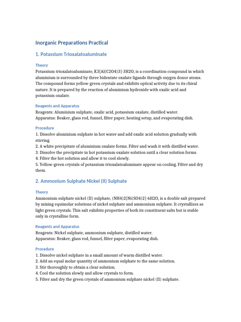 Inorganic Chemistry Preparations Guide | PDF | Sulfate | Salt (Chemistry)
