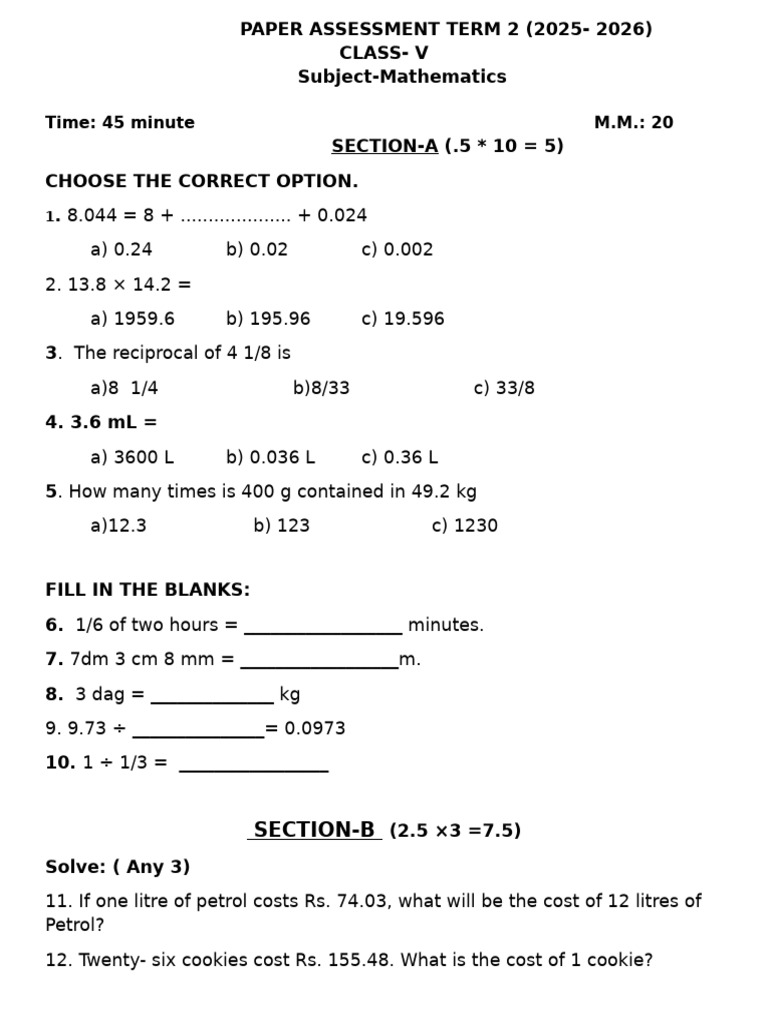Maths Class 5 PT-2 | PDF