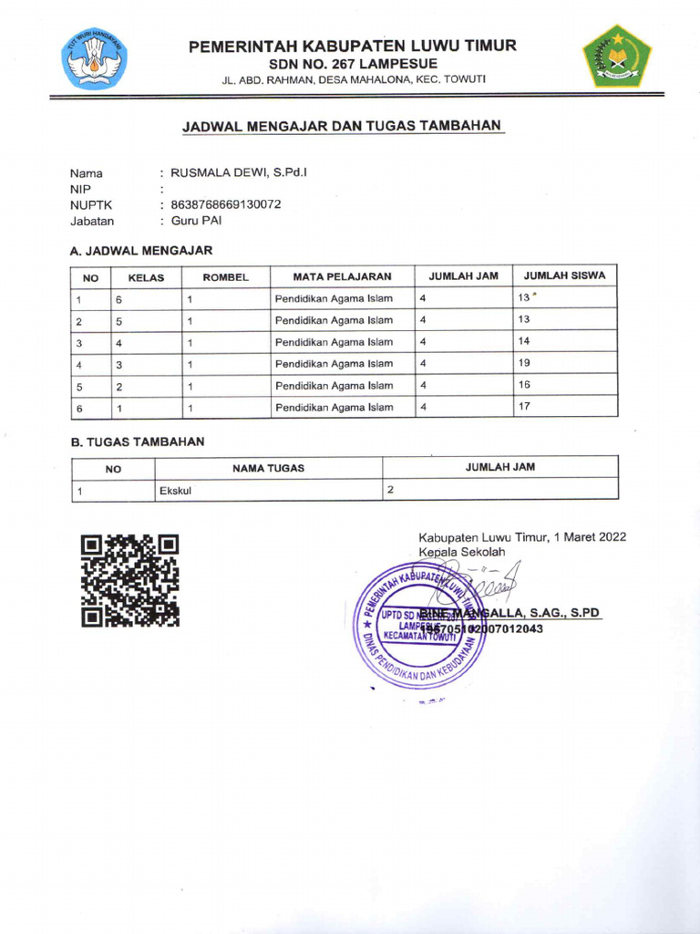 Jadwal Mengajar Dan Tugas Tambahan Pdf
