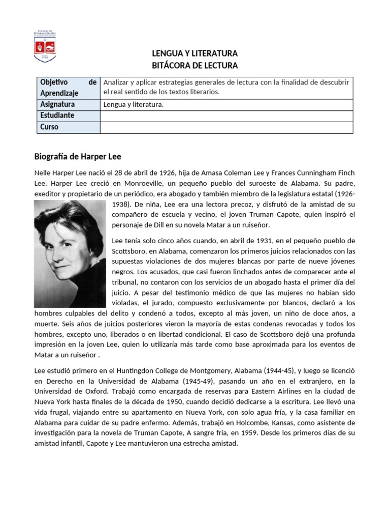 Biografía y análisis de Harper Lee | PDF | Matar a un ruiseñor | Harper Lee