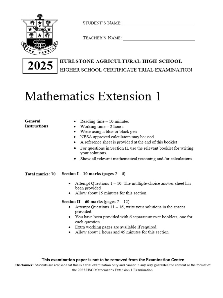 2025 HSC Mathematics Extension 1 Exam | PDF | Function (Mathematics ...