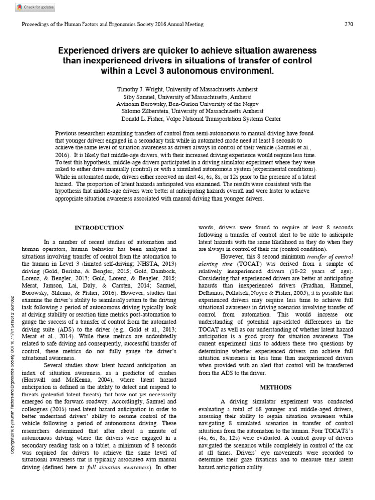 Wright Et Al 2016 Experienced Drivers Are Quicker To Achieve Situation ...