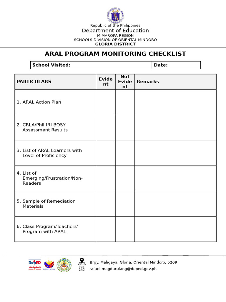 ARAL Program Monitoring Checklist | PDF