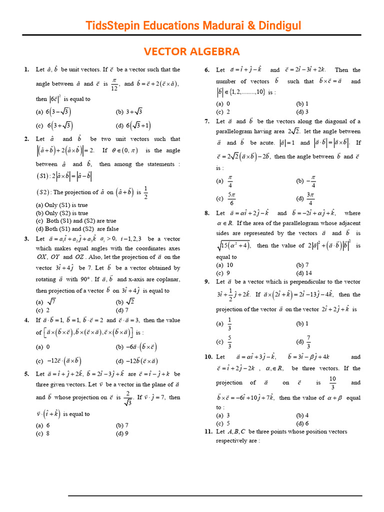 JEE Main Vector Algebra Practice Paper With Solutions Download PDF ...