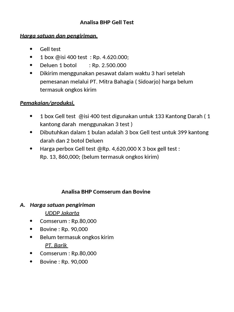 Analisa Harga Gell Test dan Comserum | PDF