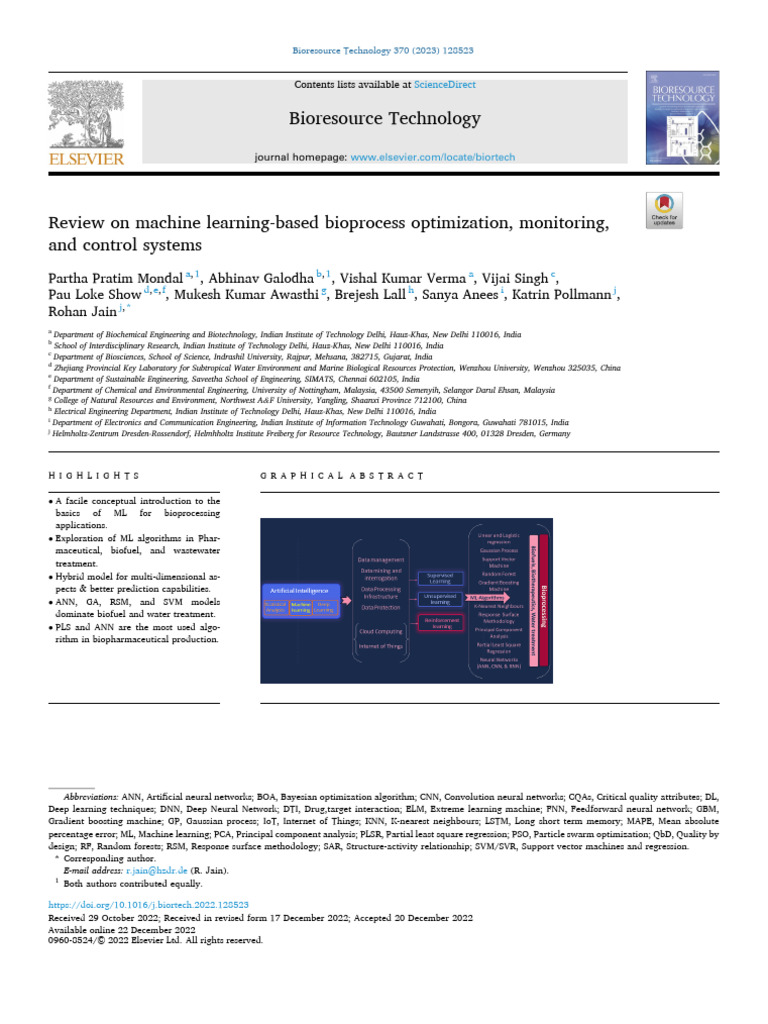 Review on Machine Learning-based Bioprocess Optimization, Monitoring, And Control Systems | PDF ...