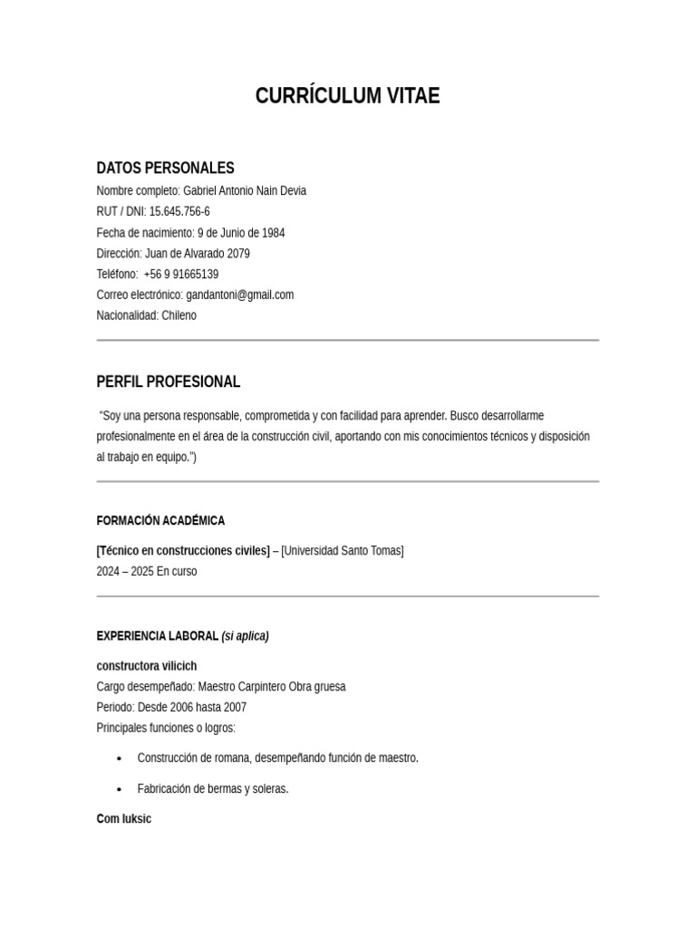 Currículum Vitae de Gabriel Nain Devia | PDF