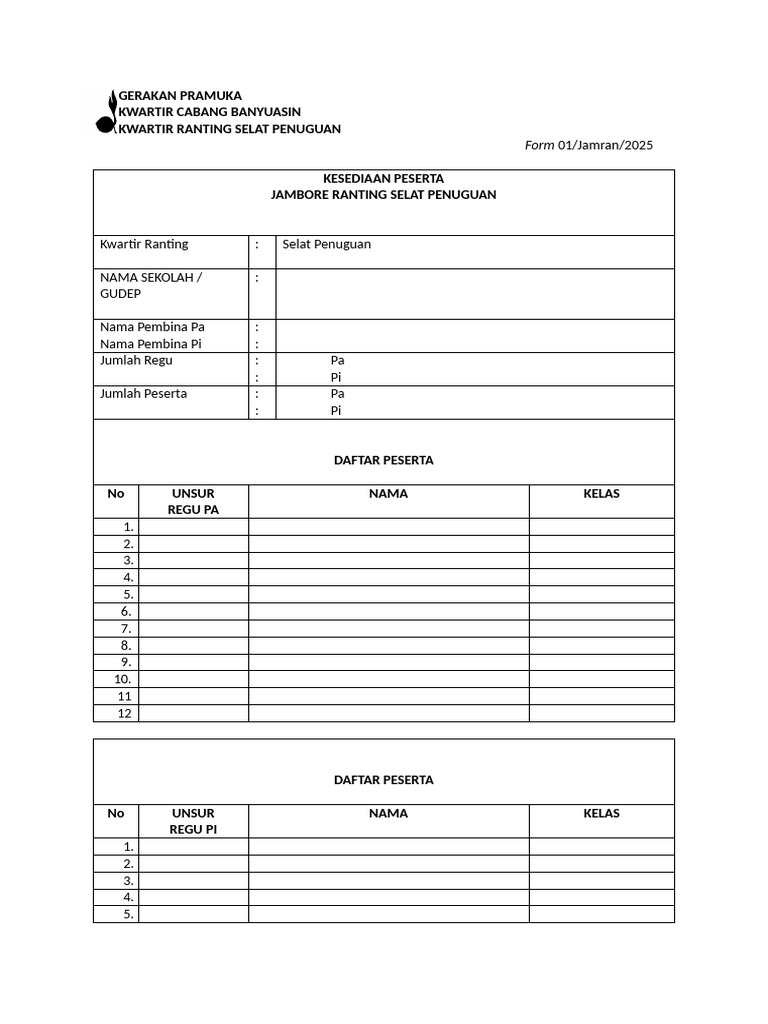 Formulir Kesediaan Jambore Pramuka 2025 | PDF