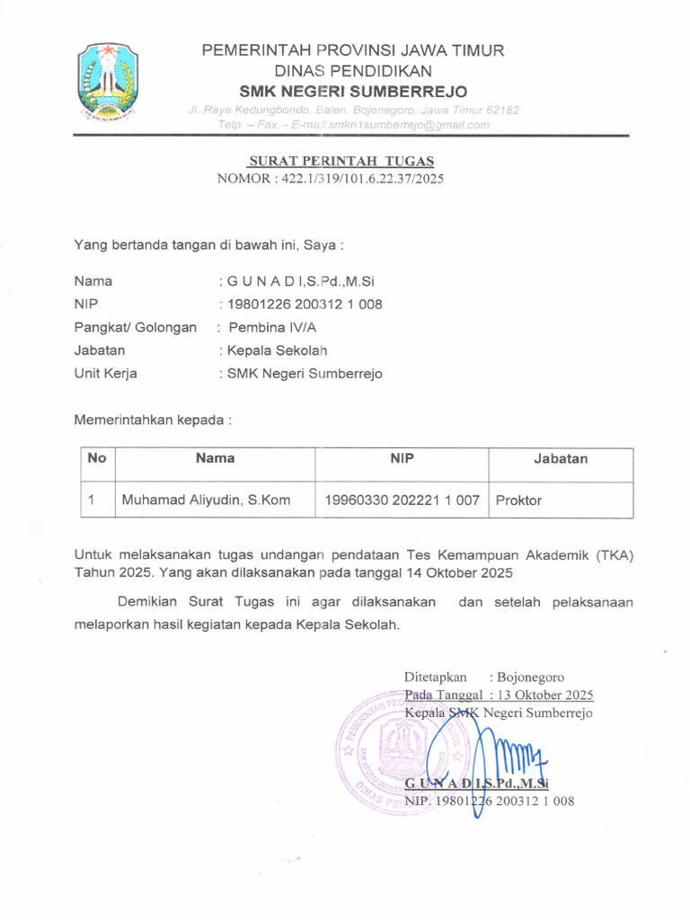 Surat Tugas SMKN Sumberrejo | PDF