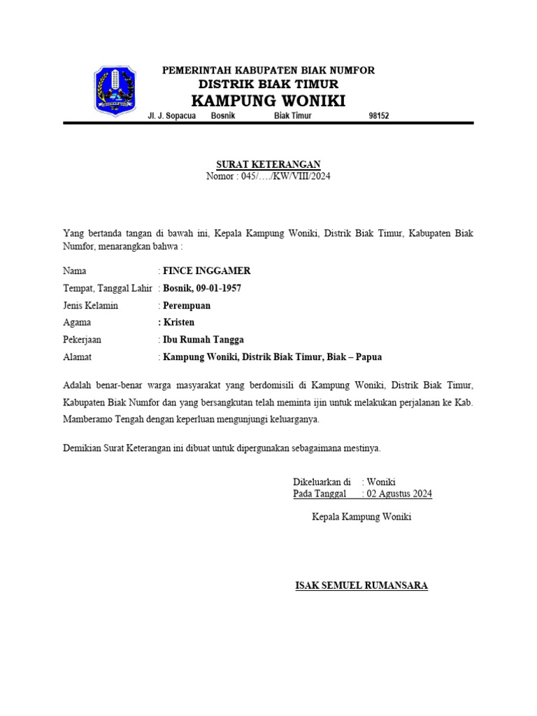 Surat Keterangan Warga Woniki Biak | PDF