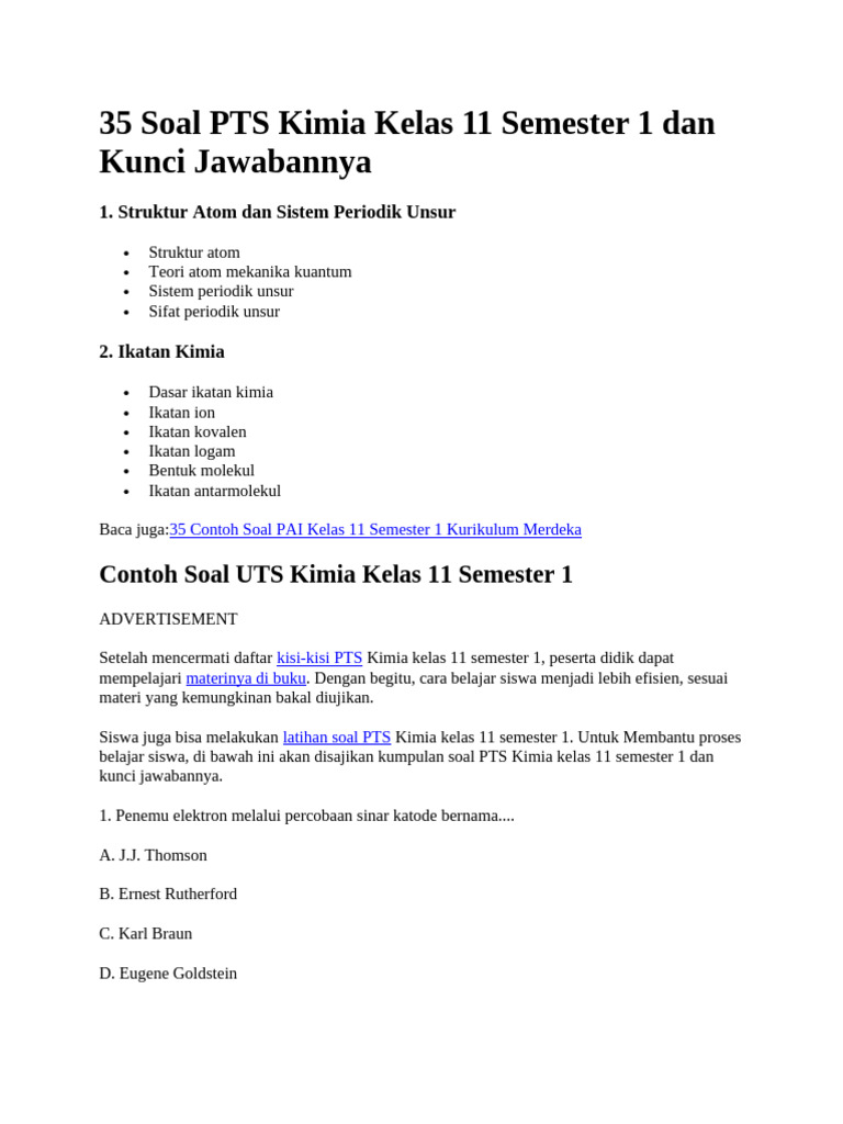 35 Soal PTS Kimia Kelas 11 Semester 1 dan Kunci Jawabannya | PDF