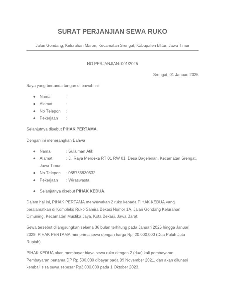 Surat Perjanjian Sewa Ruko 2025 | PDF