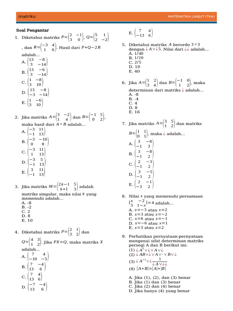 Soal Matriks Matematika Lanjut TKA | PDF
