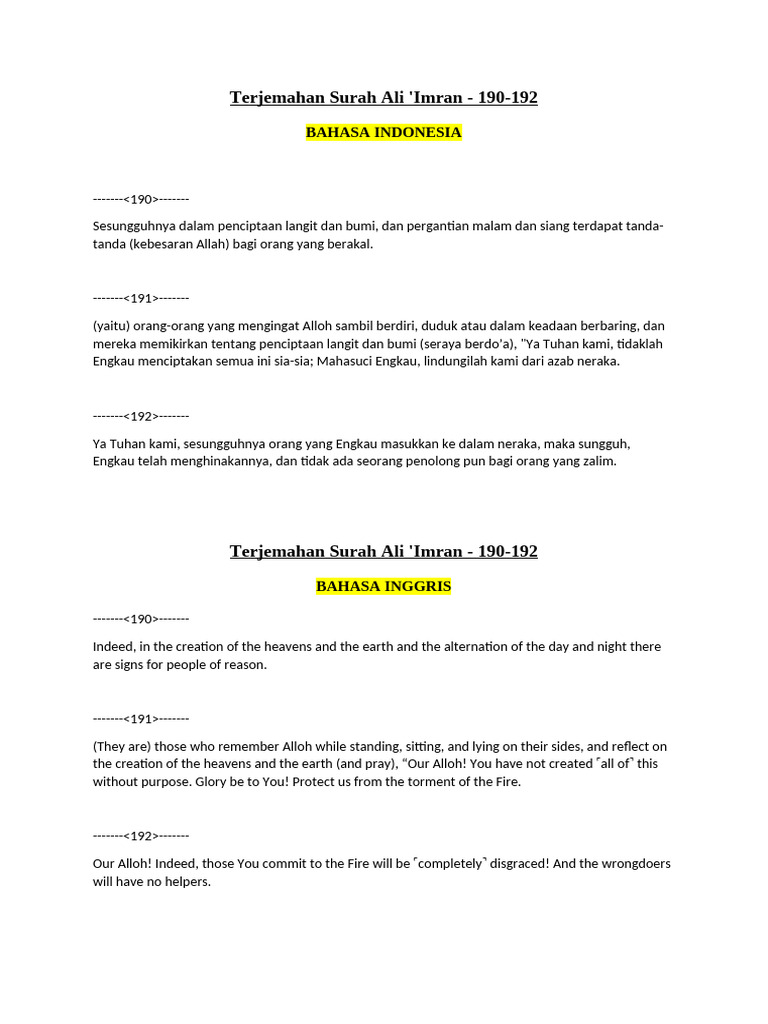 Terjemahan Surah Ali 'Imran 190-192 | PDF