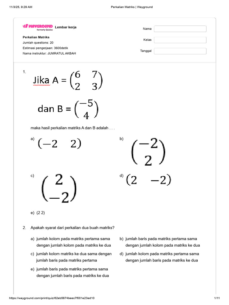 Perkalian Matriks11 - Wayground | PDF