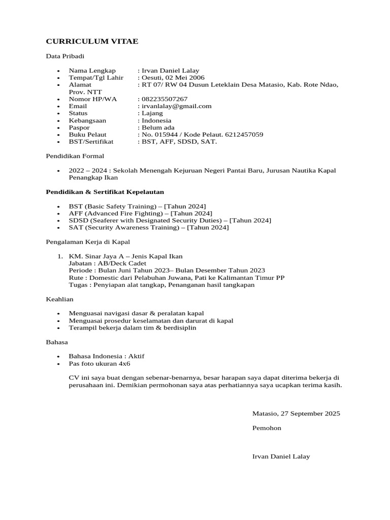 CV Irvan Daniel Lalay untuk Nautika | PDF