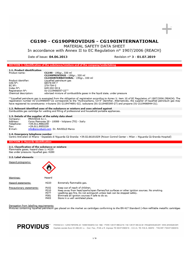 CG190 LPG Safety Data Sheet | PDF | Firefighter | Carbon Dioxide