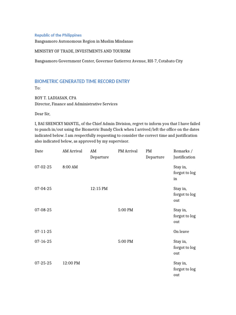 Biometric Time Record Request Letter | PDF