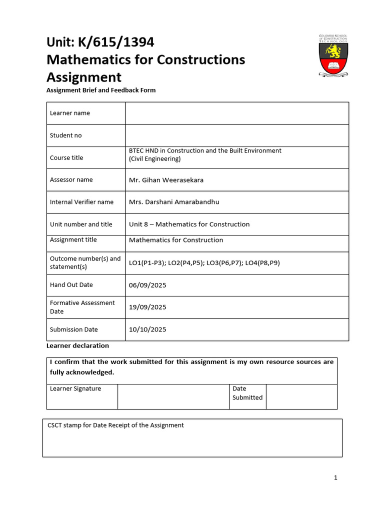 Mathematics in Construction Assignment | PDF | Trigonometry | Calculus