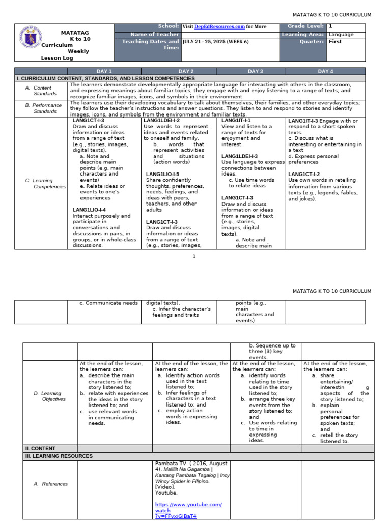 K to 10 Language Curriculum Weekly Log | PDF | Learning | Curriculum