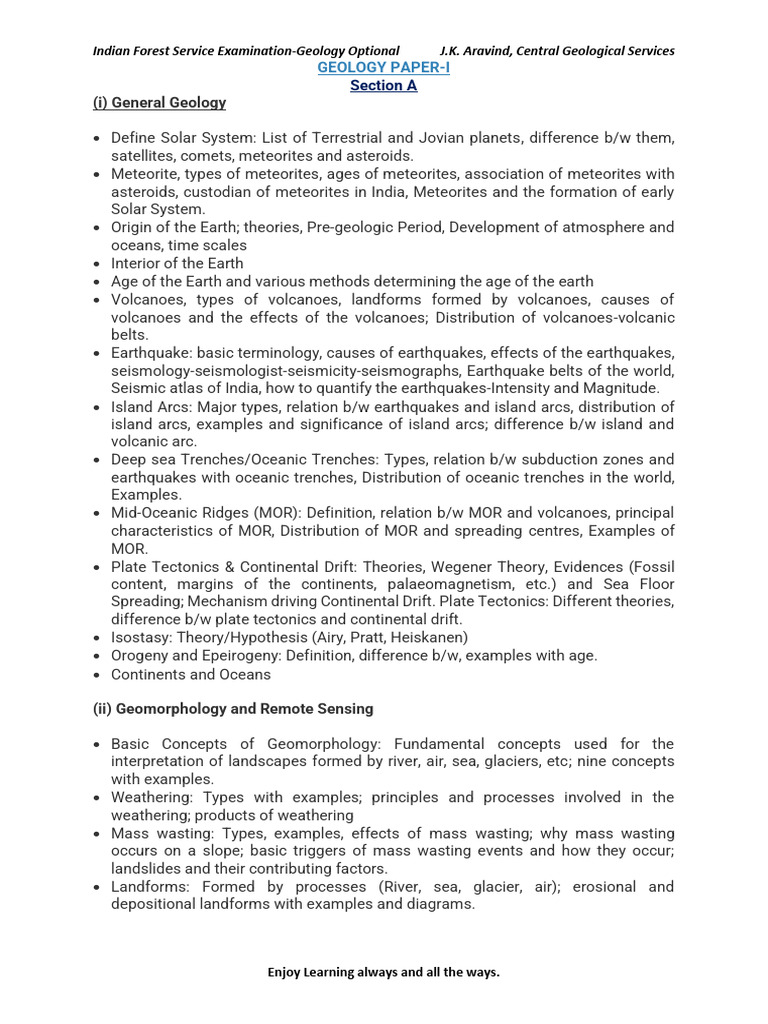 Geology Syllabus for Indian Forest Service | PDF | Geology | Geomorphology