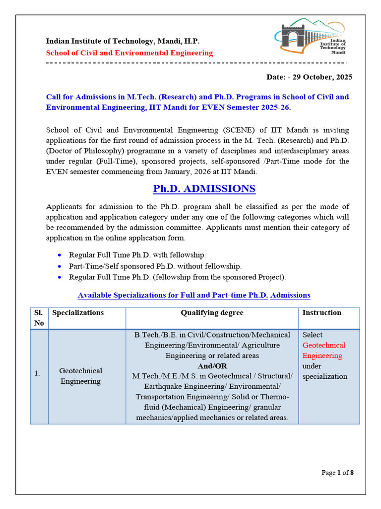 IIT Mandi M.Tech & Ph.D. Admissions 2025-26 | PDF | University And ...