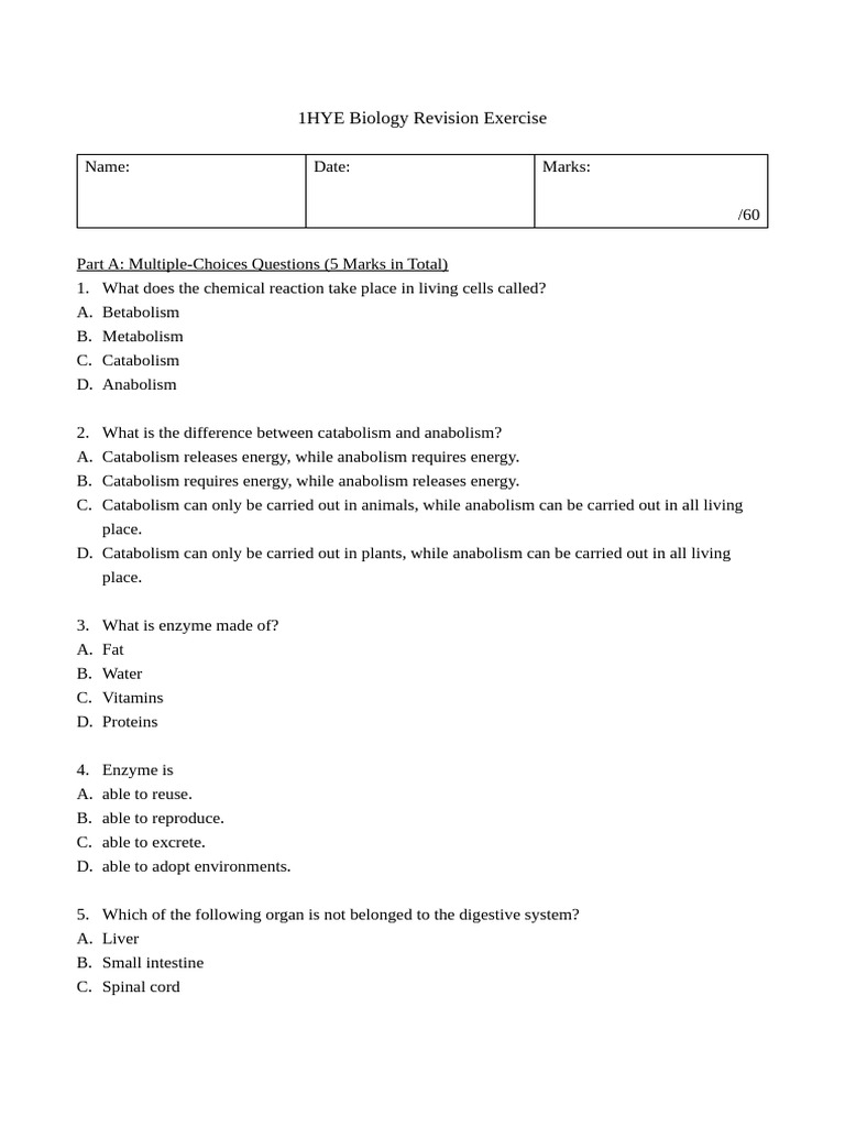 1HYE Biology Revision Exercise Guide | PDF | Enzyme | Metabolism