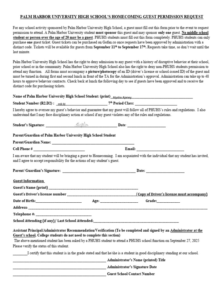 PHUHS Homecoming Guest Permission Form | PDF