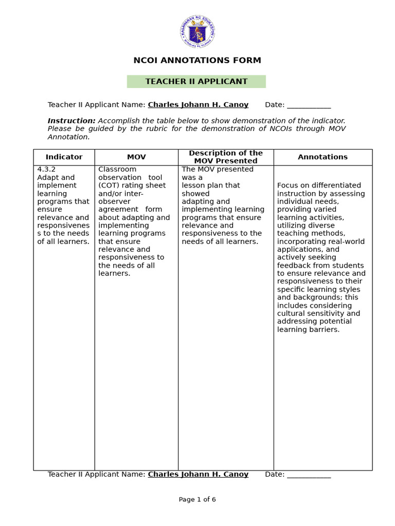 NCOI Annotations Form for Teacher II Applicant Sample | PDF | Lesson ...