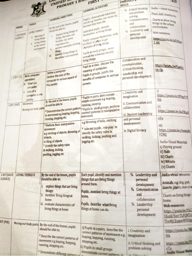 Unified Schemes of Work Basic Science and Technology Primary 1 First Term | PDF | Cognition ...
