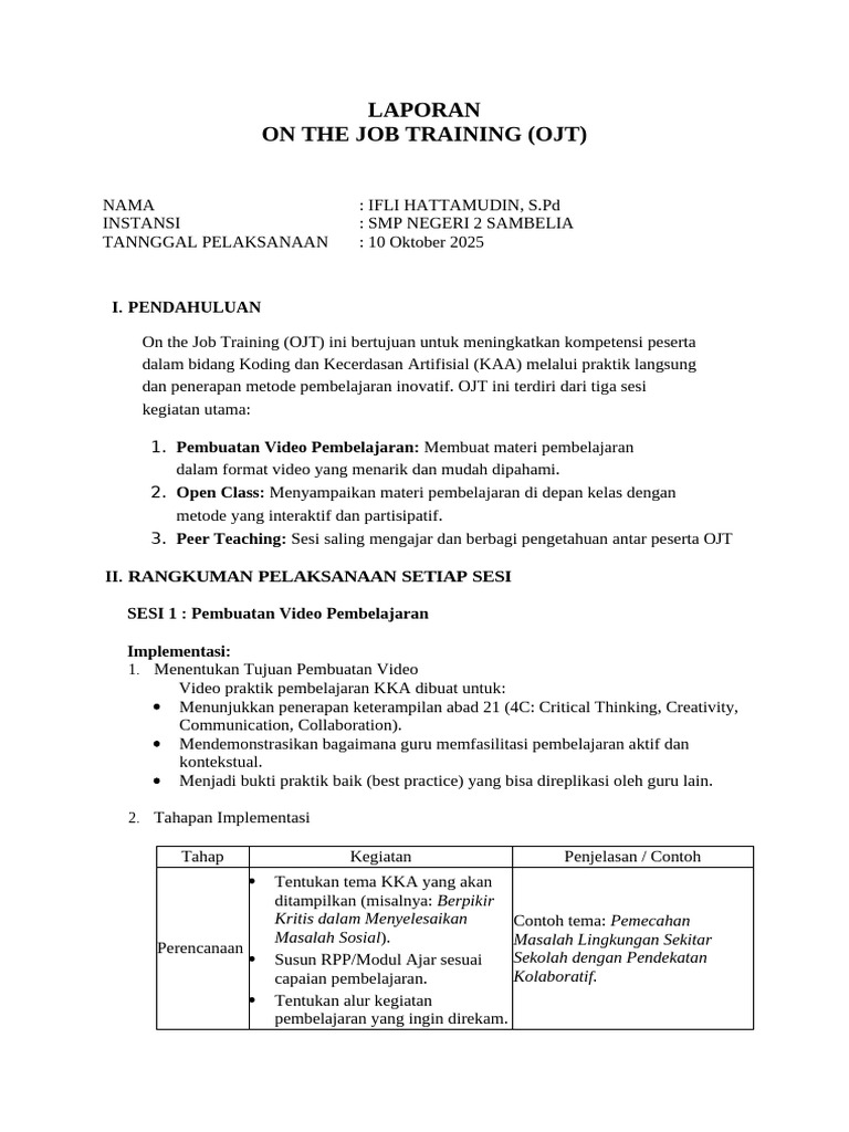SABRI Laporan Pelaksanaan On The Job Training (OJT) | PDF